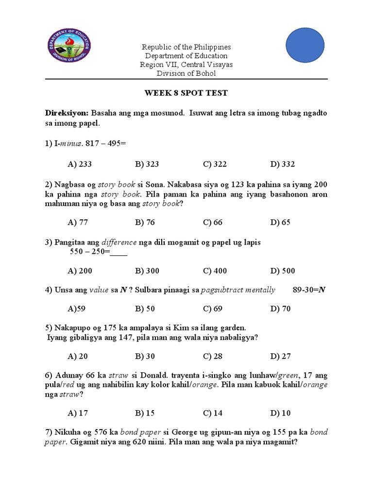 Math3 Q1 Wk8 Spot Test | PDF