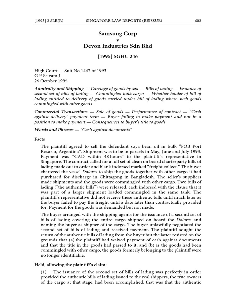 Samsung Corp V Devon Industries SDN BHD (1995) 3 SLR (R) 603 (1995) SGHC 246 | PDF | Bill Of ...