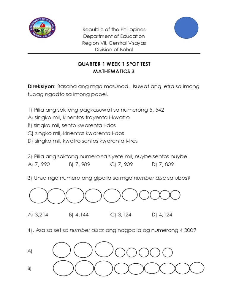 Math3 Q1 Wk1 Spot Test | PDF