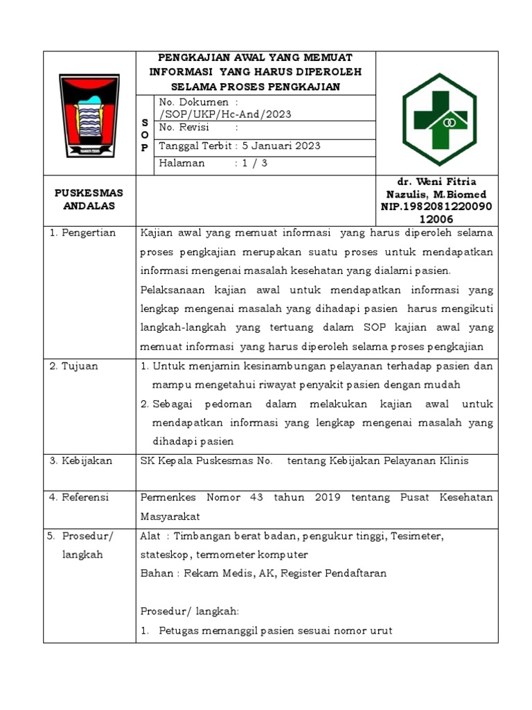3.2.1.1 SOP Pengkajian Awal Yang Mmuat Informasi | PDF | Sains & Matematika