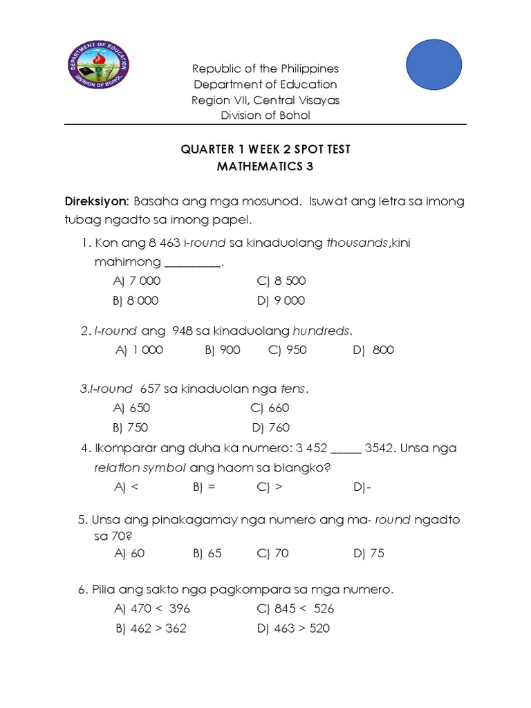 Math3 Q1 Wk2 Spot Test | PDF