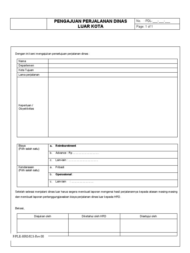 F HRD 023 Formulir Pengajuan Perjalanan Dinas Luar | PDF