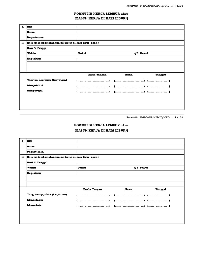 F HOPROJECT HRD 11 Rev.01 Form Kerja Lembur Masuk Kerja Di Hari Libur ...