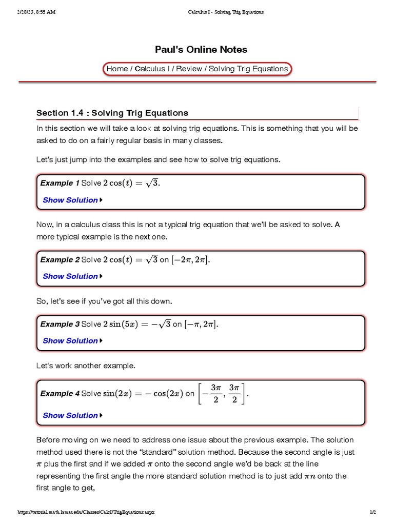 Calculus I - Solving Trig Equations | PDF | Trigonometry | Triangle ...