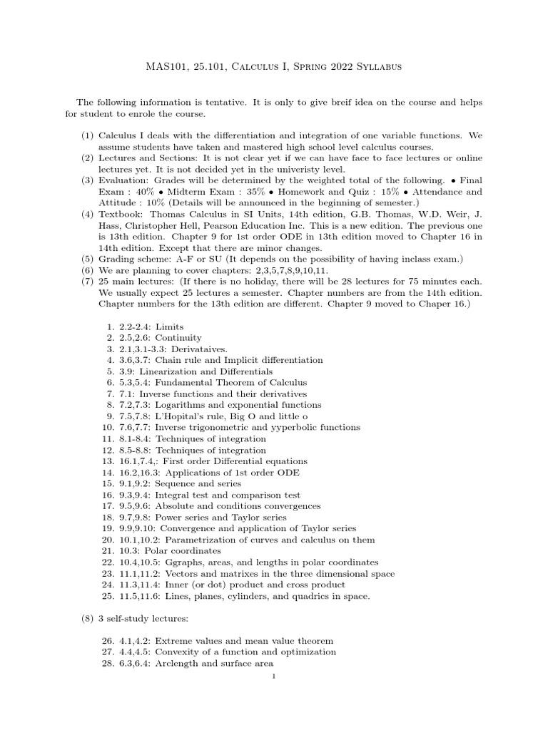 Syllabus - Calculus | PDF | Integral | Function (Mathematics)