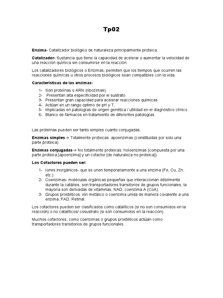 Tp02 de Bioquímica UNLP | PDF | Cofactor (Bioquímica) | Enzima