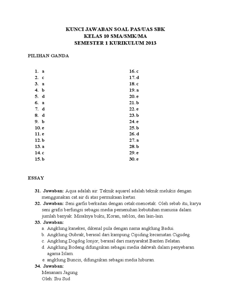 Kunci Jawaban Soal PAS-UAS Seni Budaya Kelas 10 SMA | PDF