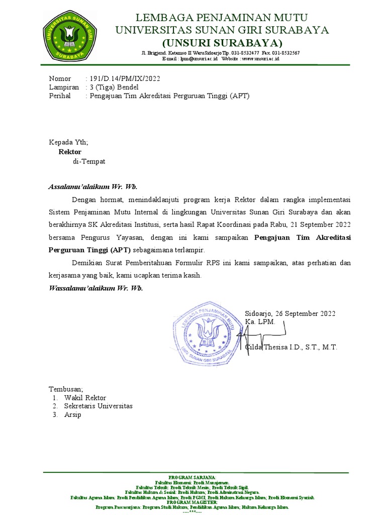 Surat LPM No. 191 Pengajuan Tim Akreditasi Perguruan Tinggi | PDF