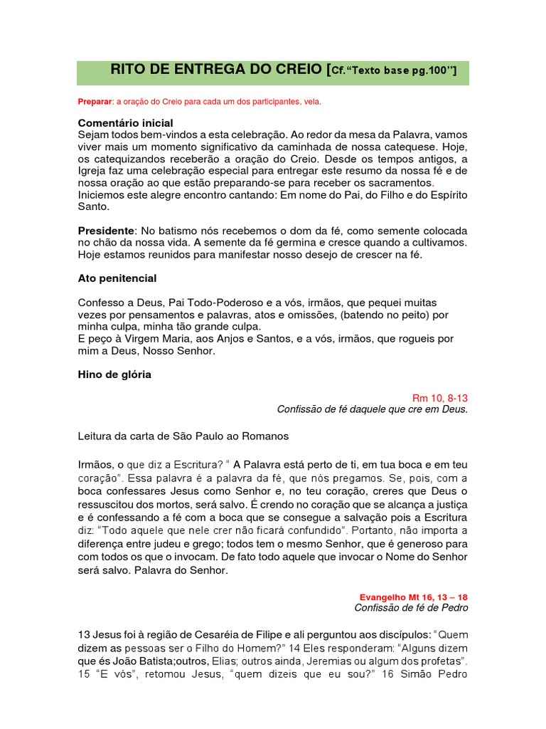 Rito de Entrega do Creio na Catequese | PDF | São Pedro | Jesus