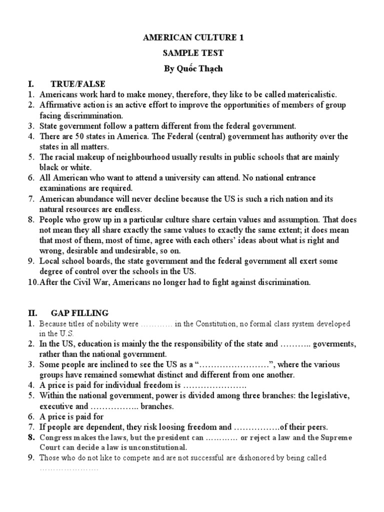 American Culture 1 Sample Test | PDF | The United States | United ...
