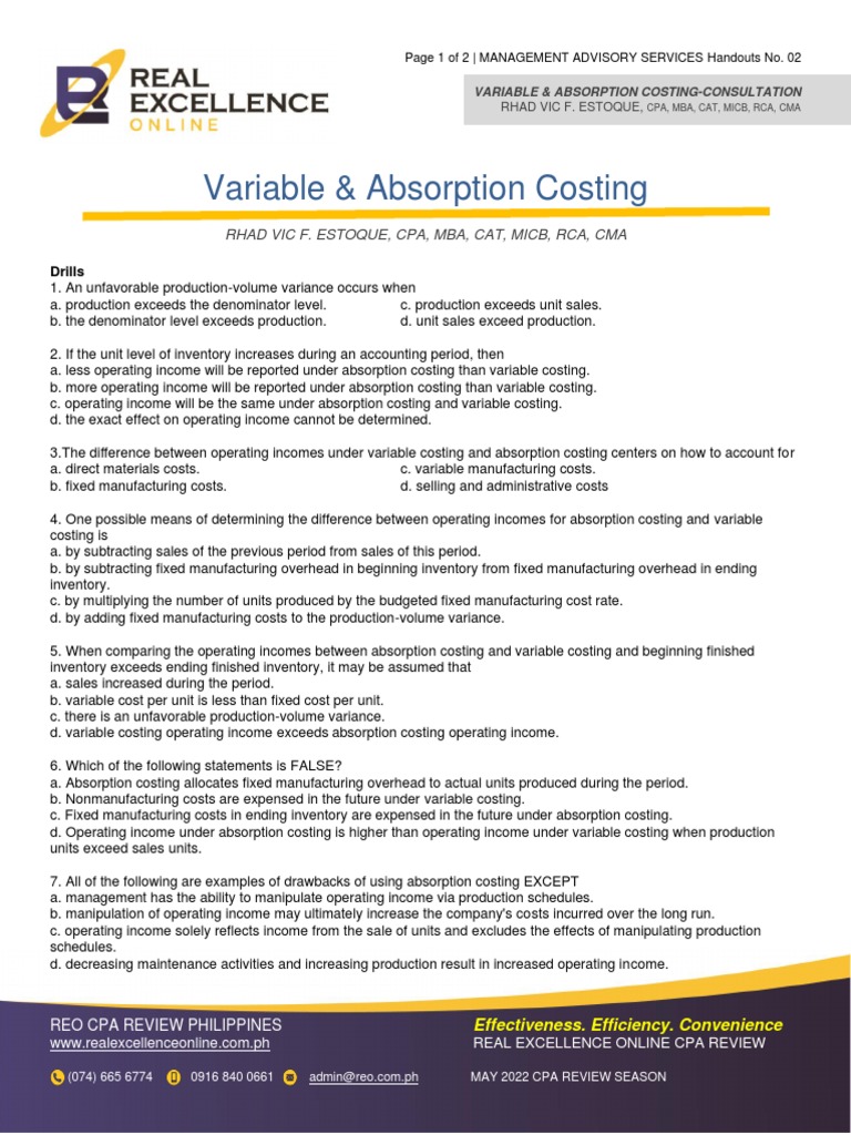 MAS Variable Absorption Consultation HO | PDF | Inventory | Cost Of Goods Sold