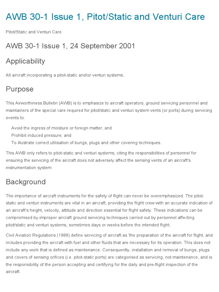 Airworthiness Bulletin 30 001 Pitot Static Venturi Care | PDF | Aircraft | Mechanical Engineering