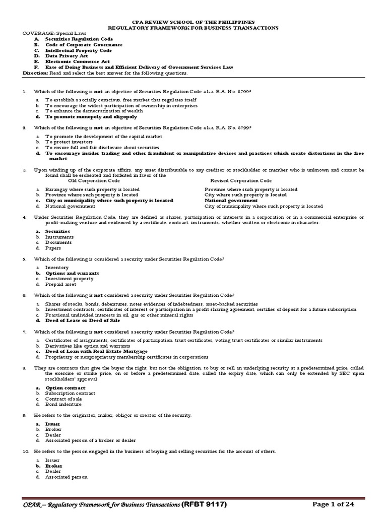 RFBT - Other Special Law MCQs Solutions | PDF | Securities (Finance) | Stocks