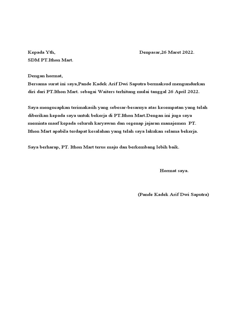 Pengunduran Diri Sebagai Waiters di PT. Ithon Mart | PDF