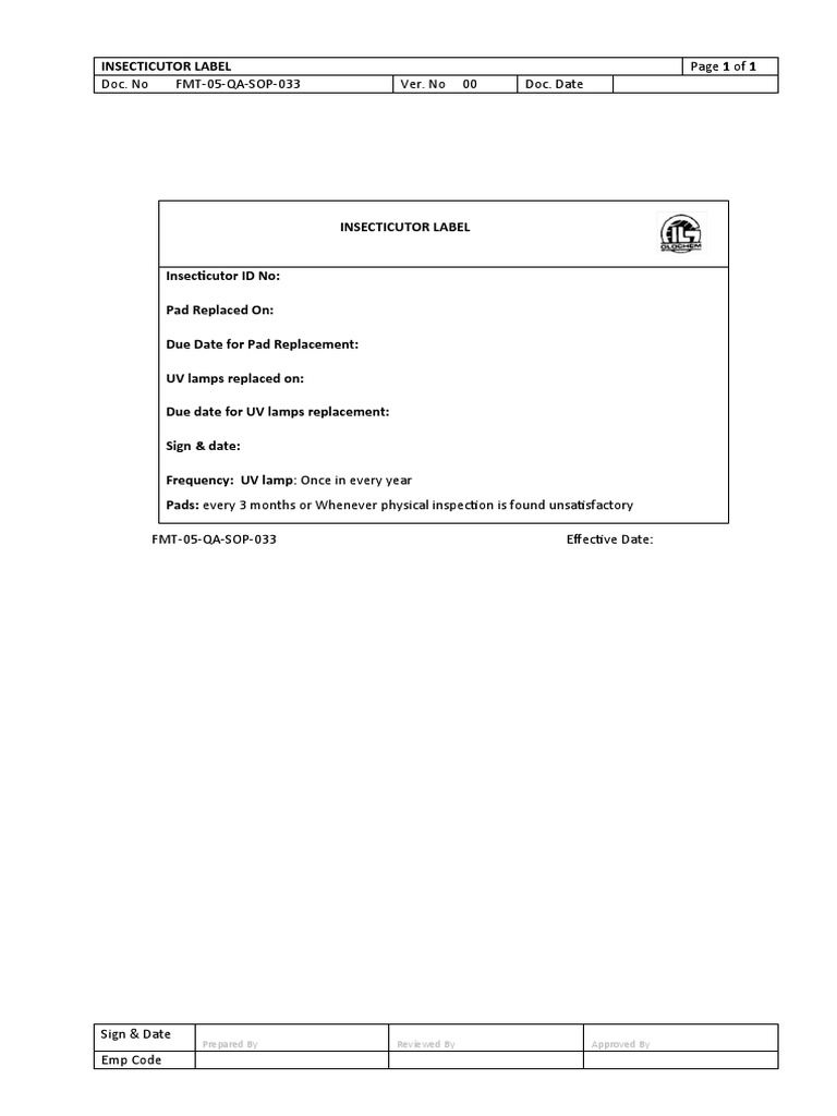 FMT 05 QA SOP 033 Insecticutor Label | PDF
