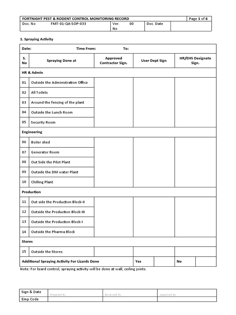 FMT 01 QA SOP 033 Pest Control Monitooring Record | PDF | Building Engineering | Architectural ...