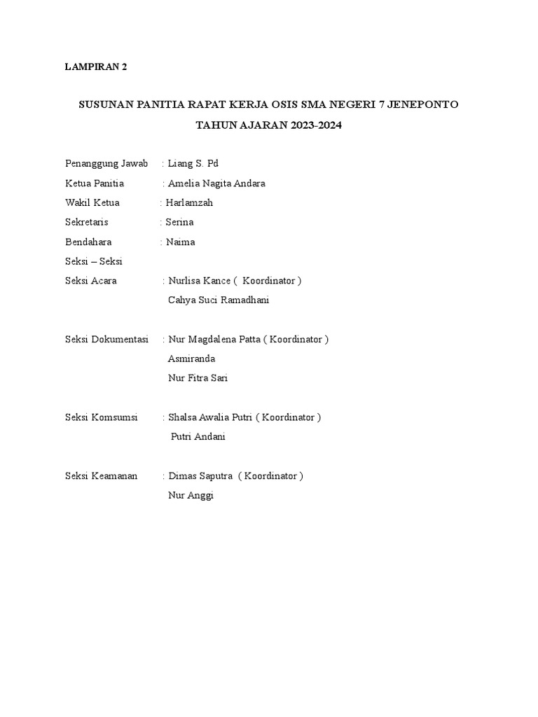 Susunan Panitia Rapat Kerja OSIS 2023-2024 | PDF
