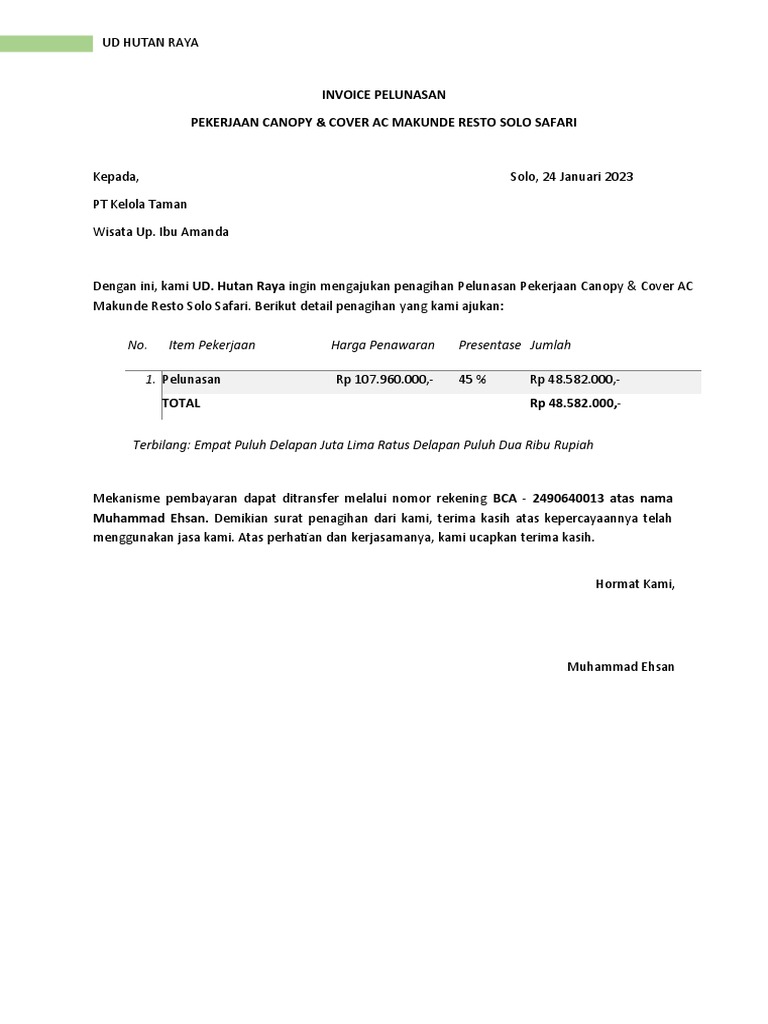 Surat Penagihan DP Pekerjaan Canopy Walkway & Cover Ac Makunde | PDF