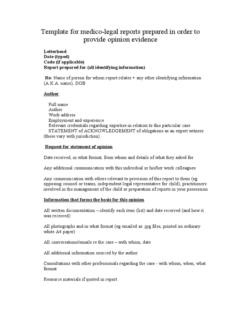 Template Medico Legal Reports Opinion Evidence | PDF | Expert Witness ...