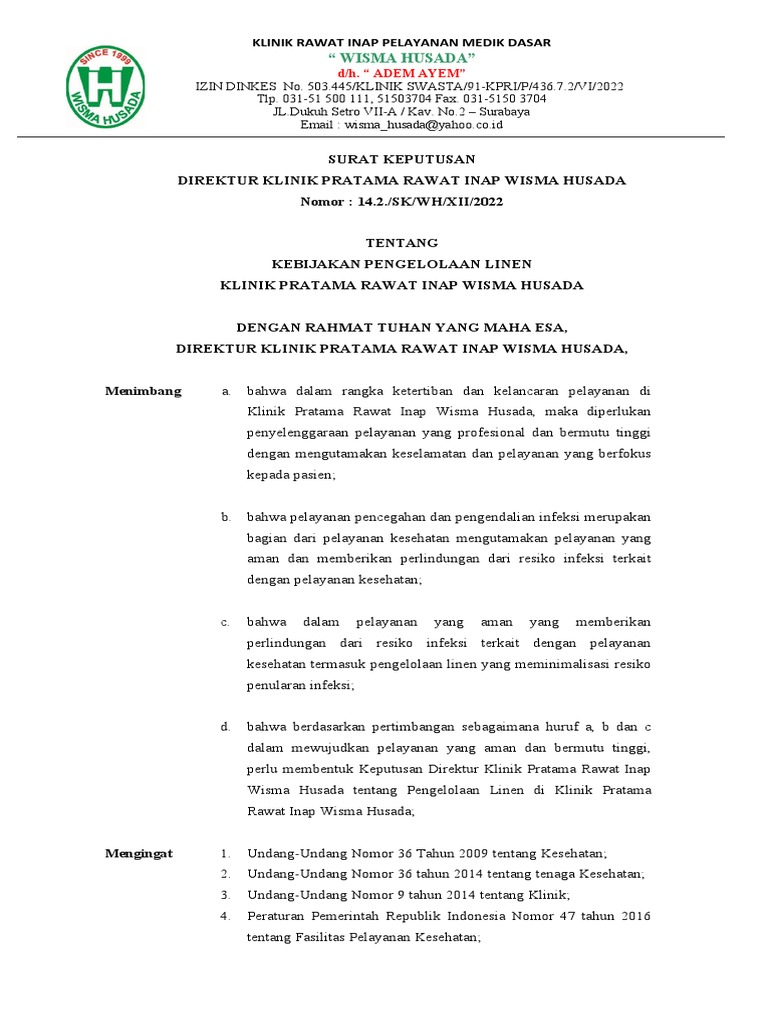 Kebijakan Pengelolaan Linen Klinik Wisma Husada | PDF