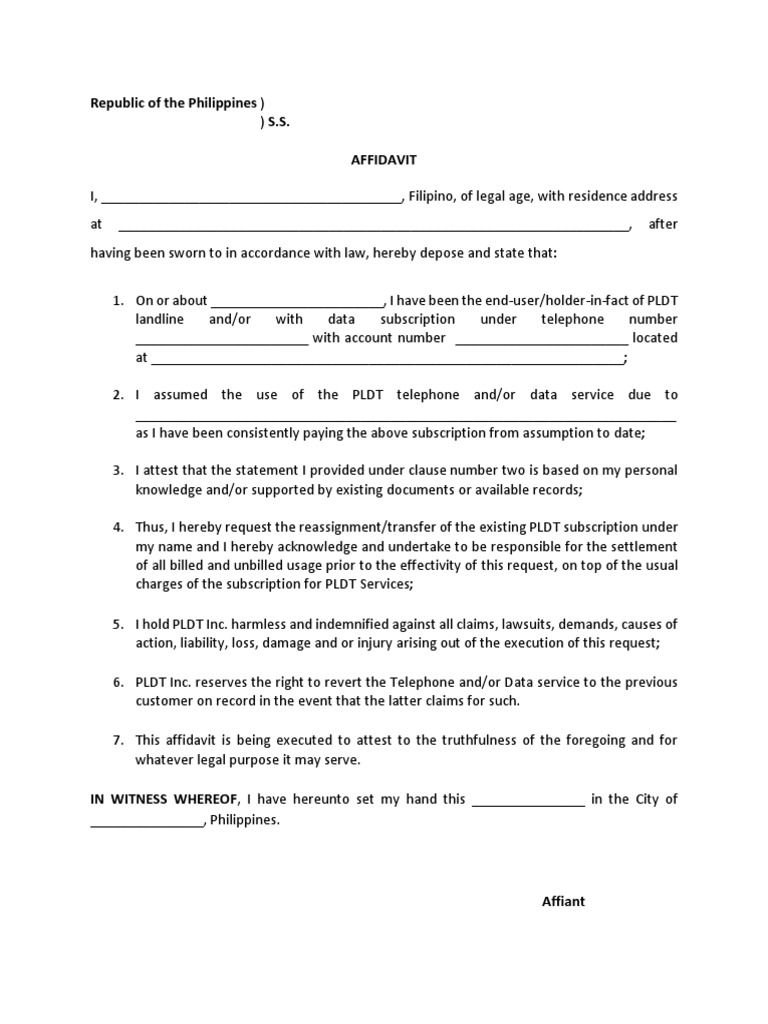 PLDT Sample Affidavit | PDF | Affidavit | Service Industries