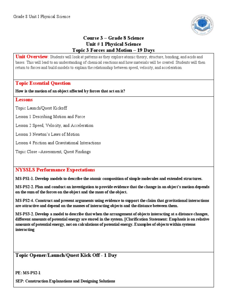 Grade 8 Topic 3 Pacing Physical Science 2019.20 | PDF | Force ...