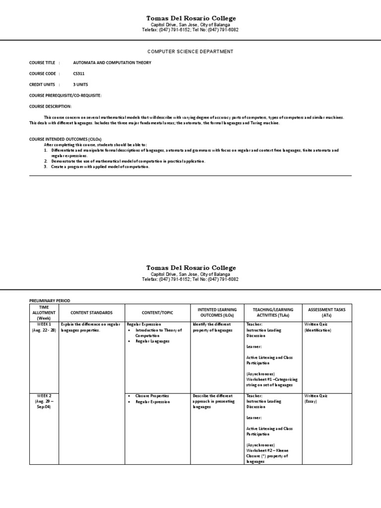 SYLLABUS CS311 Automata and Computation Theory | PDF | Automata Theory ... SYLLABUS CS311 Automata and Computation Theory | PDF | Automata Theory ...