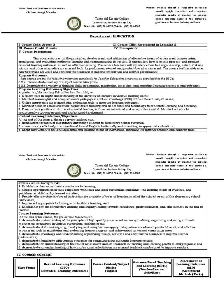 Syllabus Assess 2 | PDF | Educational Assessment | Curriculum