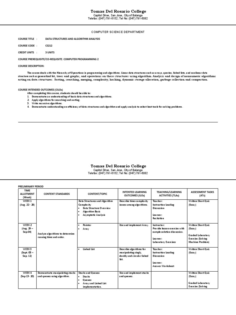 Data Structures and Algorithms Course Syllabus | PDF | Algorithms ... Data Structures and Algorithms Course Syllabus | PDF | Algorithms ...
