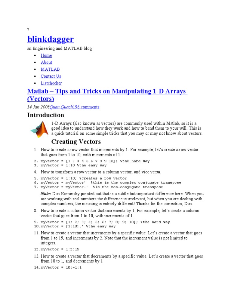 Blinkdagger Matlab Tips And Tricks On Manipulating 1 D Arrays Vectors Pdf Array Data