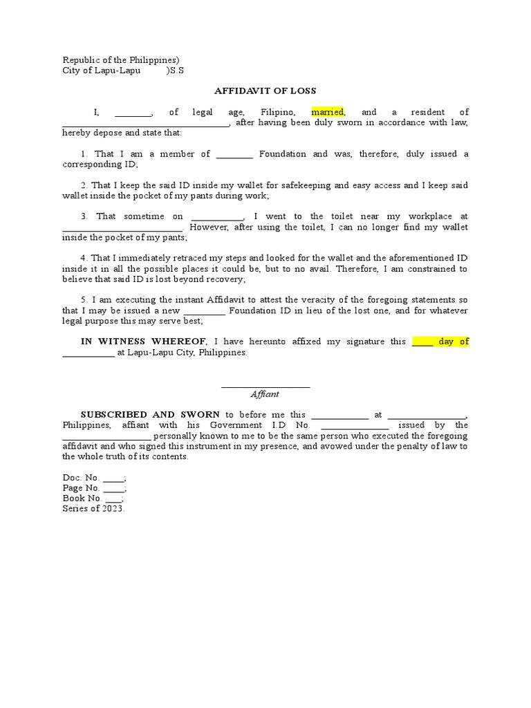 Affidavit of Loss ID Sample | PDF Affidavit of Loss ID Sample | PDF