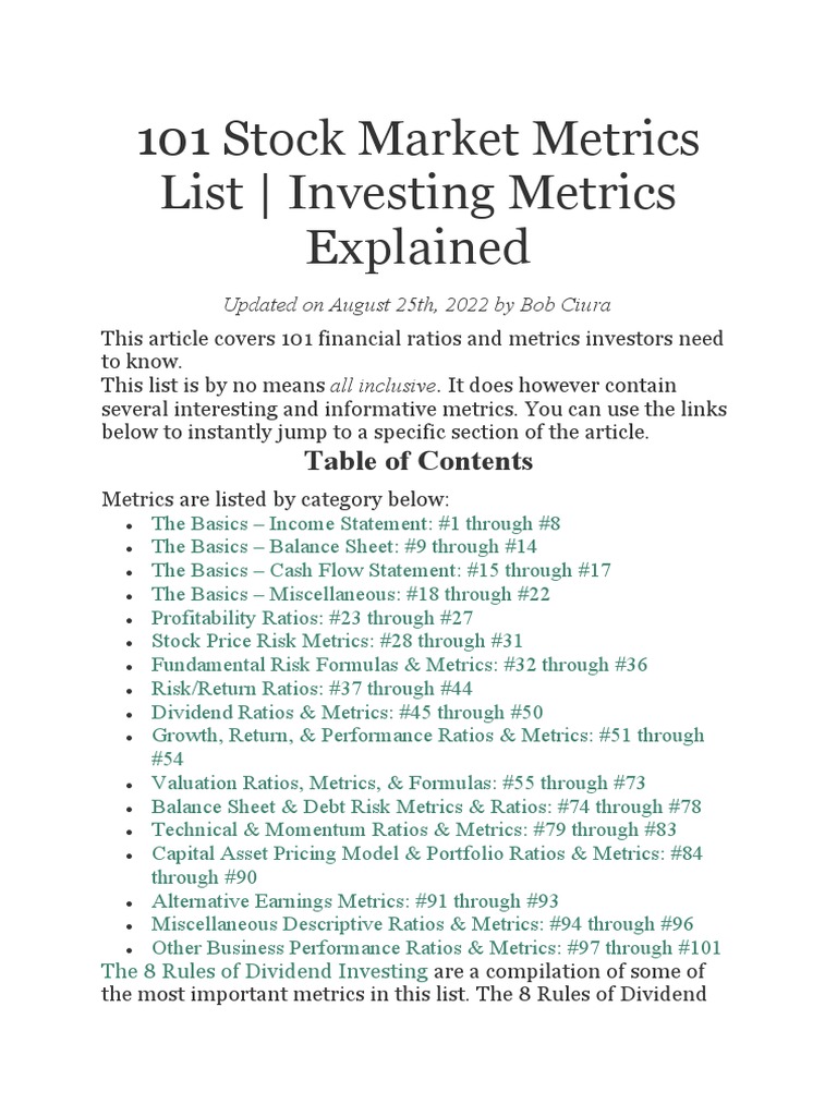 101 Stock Market Metrics List | PDF | Investing | Value Investing
