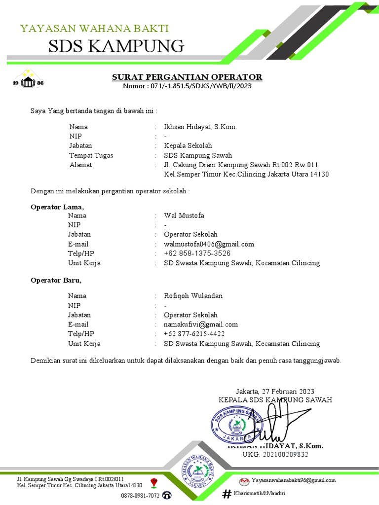 Surat Pergantian Operator Sekolah | PDF