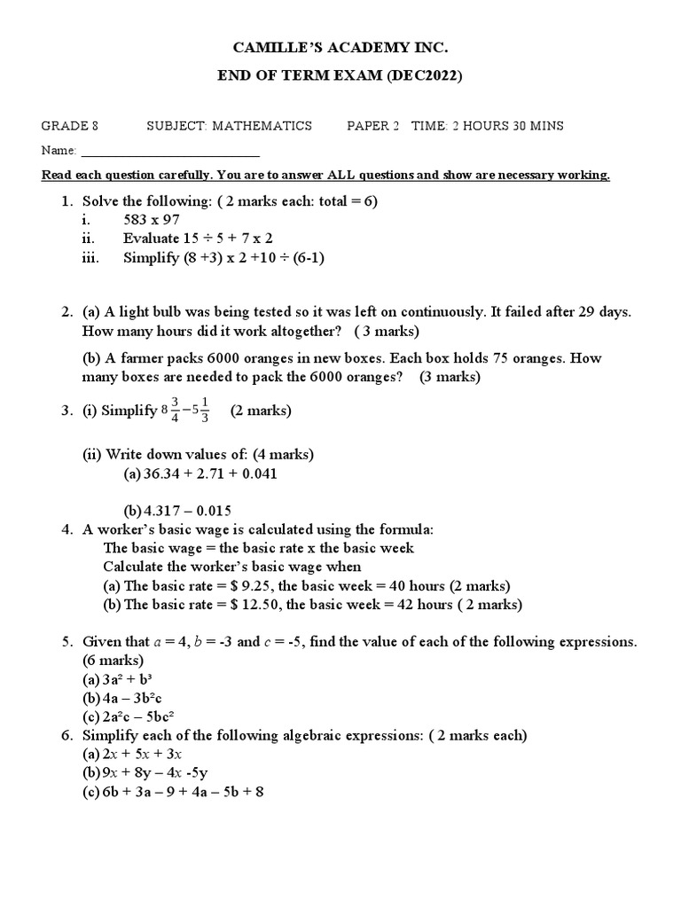 Grade 8 Paper 2 Maths | PDF