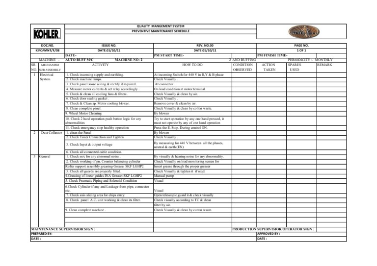 Auto Buff PM Check List | PDF | Electric Motor | Machines