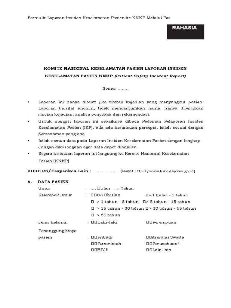 Formulir 2 Laporan Insiden Keselamatan Pasien Ke KNKP | PDF | Ilmu Sosial