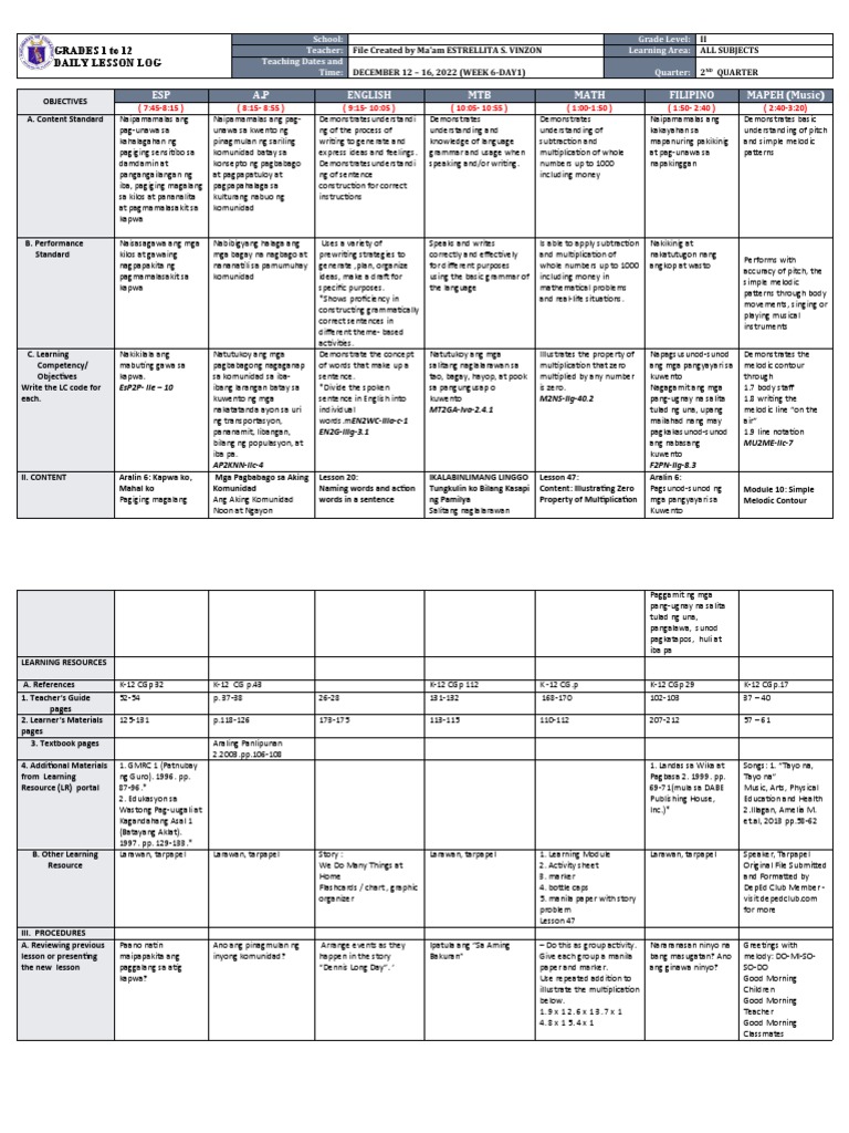 DLL - All Subjects 2 - Q2 - W6 - D1 | PDF | Linguistics | Cognition