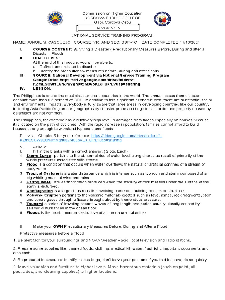 Module 6 Answers - JunGil M. Casquejo | PDF | Flood | Tropical Cyclones