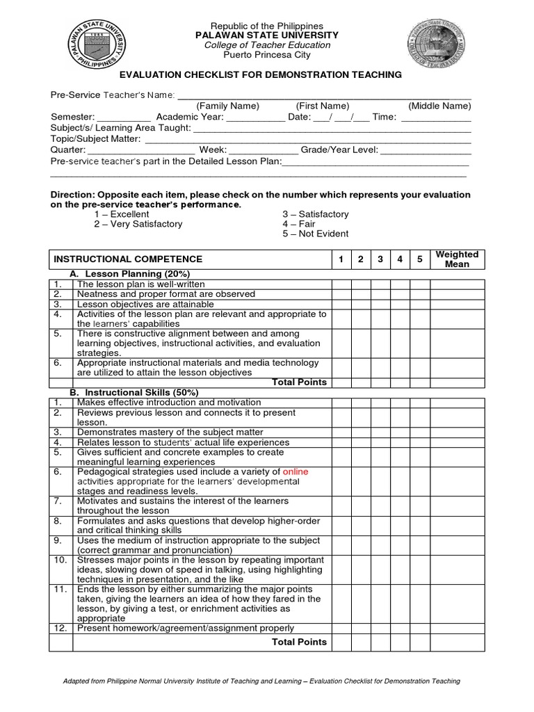 Demo Teaching Evaluation Checklist | PDF | Lesson Plan | Learning