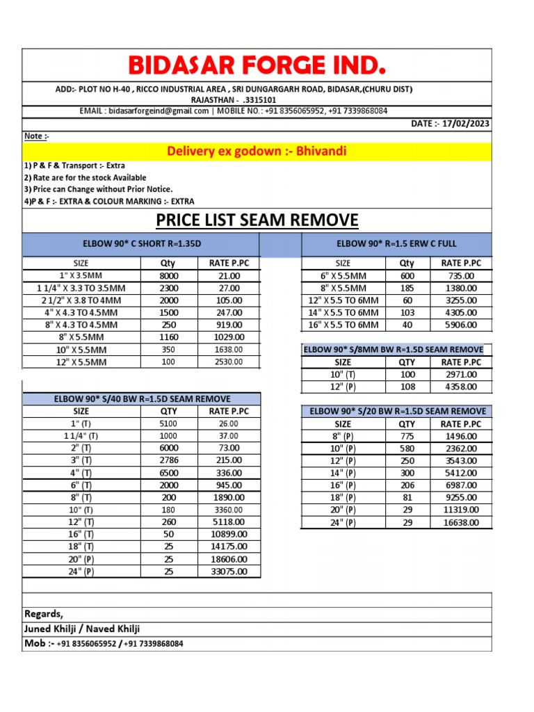 Price List Semi Seamless Elbow 17.2.23 | PDF