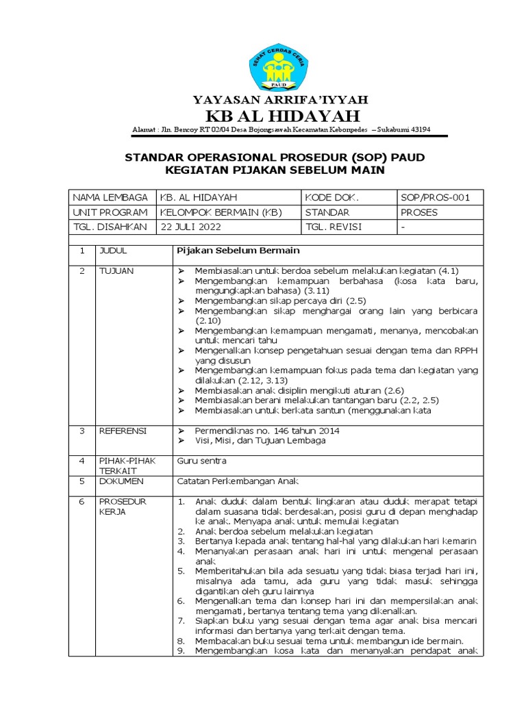 Sop Paud Kegiatan Pijakan Sebelum Main | PDF