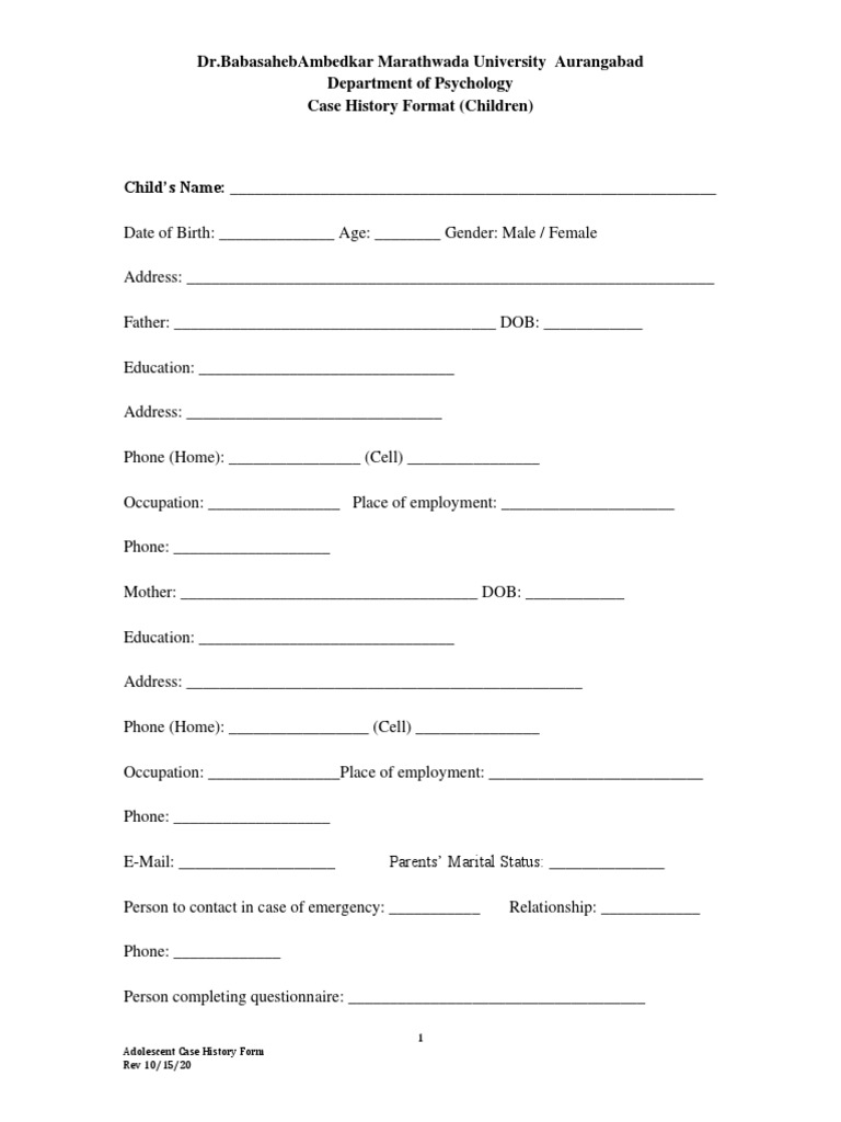 Case History Child & Adolescent Intake Form | PDF | Speech | Language ...