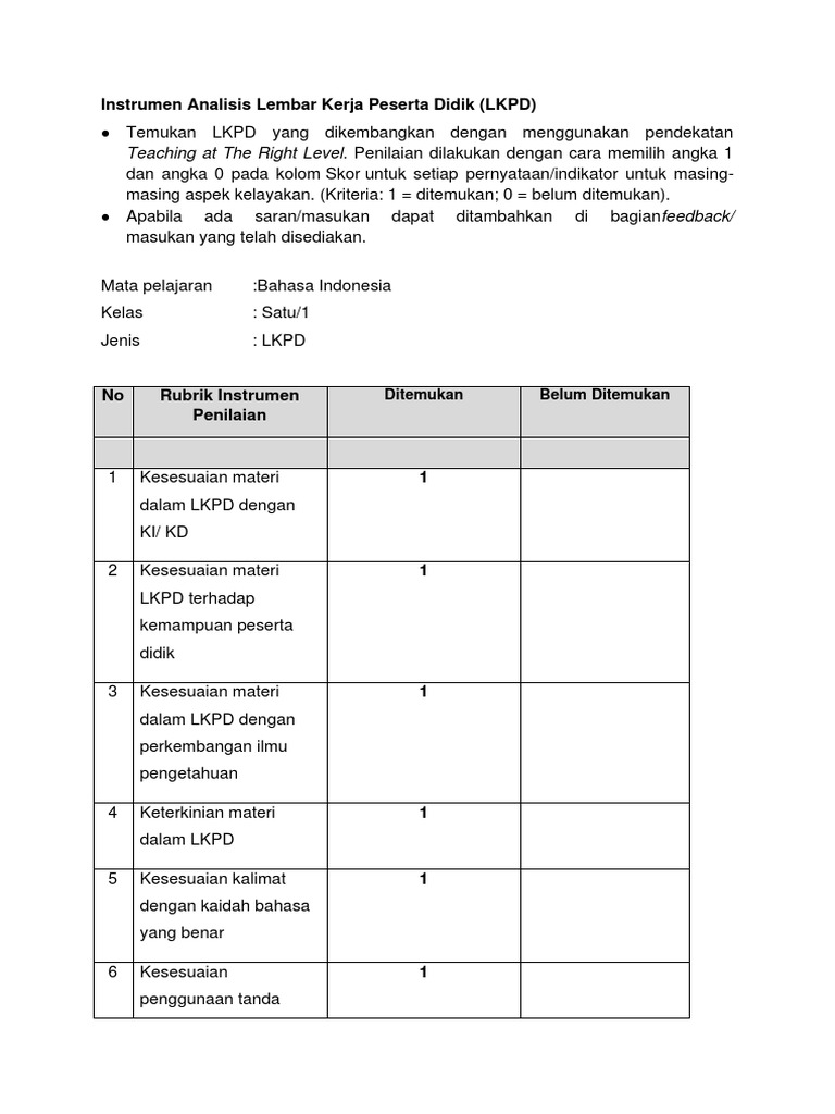 Instrumen Analisis Lembar Kerja Peserta Didik (LKPD) | PDF