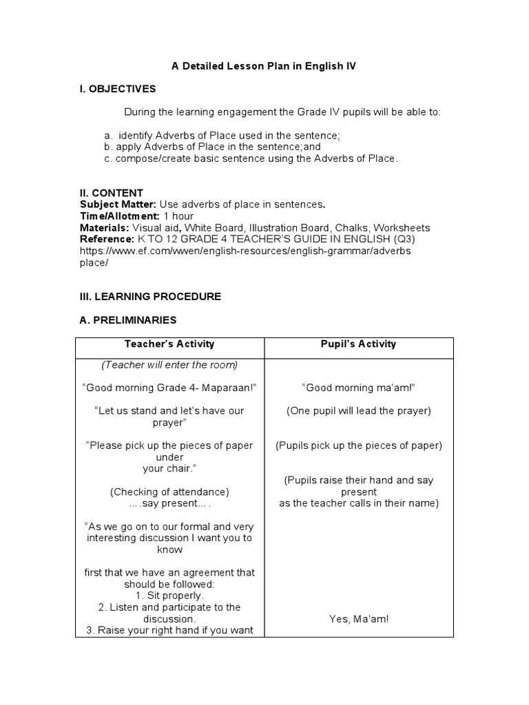 A Detailed Lesson Plan in English IV | PDF | Lesson Plan | Cognition