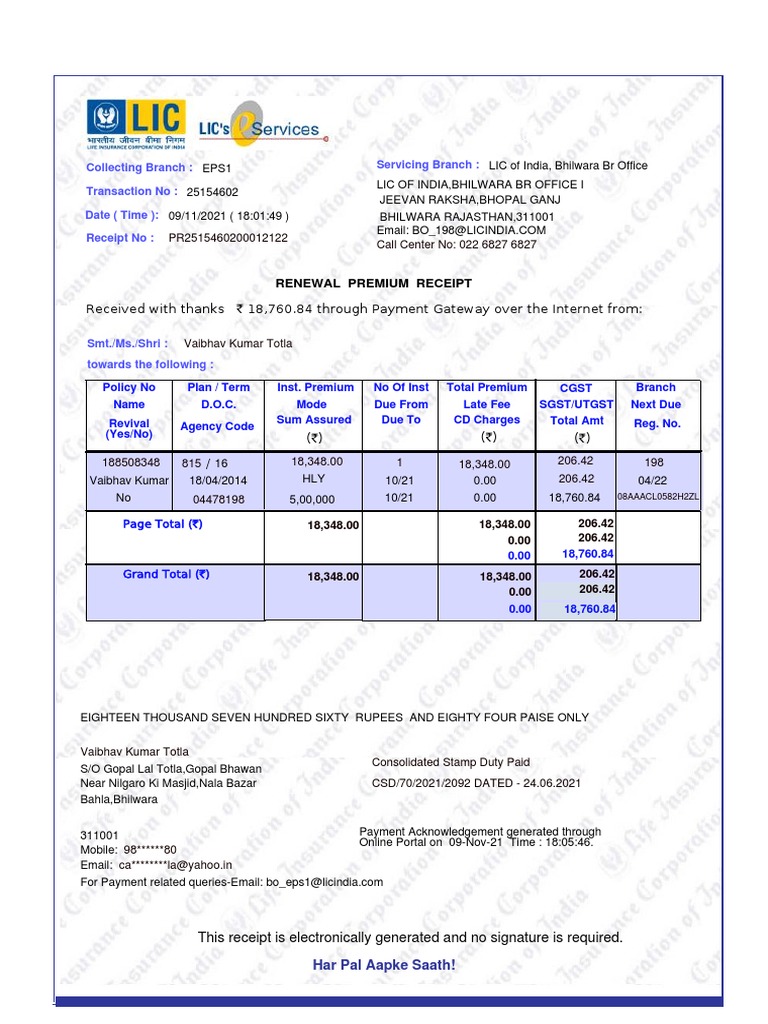 LIC Payment Receipt 21-22 Oct-21 Actual | PDF | Market (Economics ...