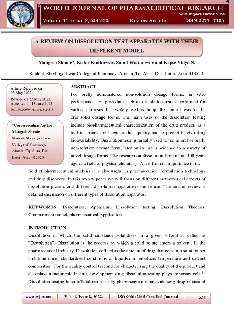 A REVIEW On Dissolution DIFFERENT MODEL | PDF | Solubility | Pharmacology