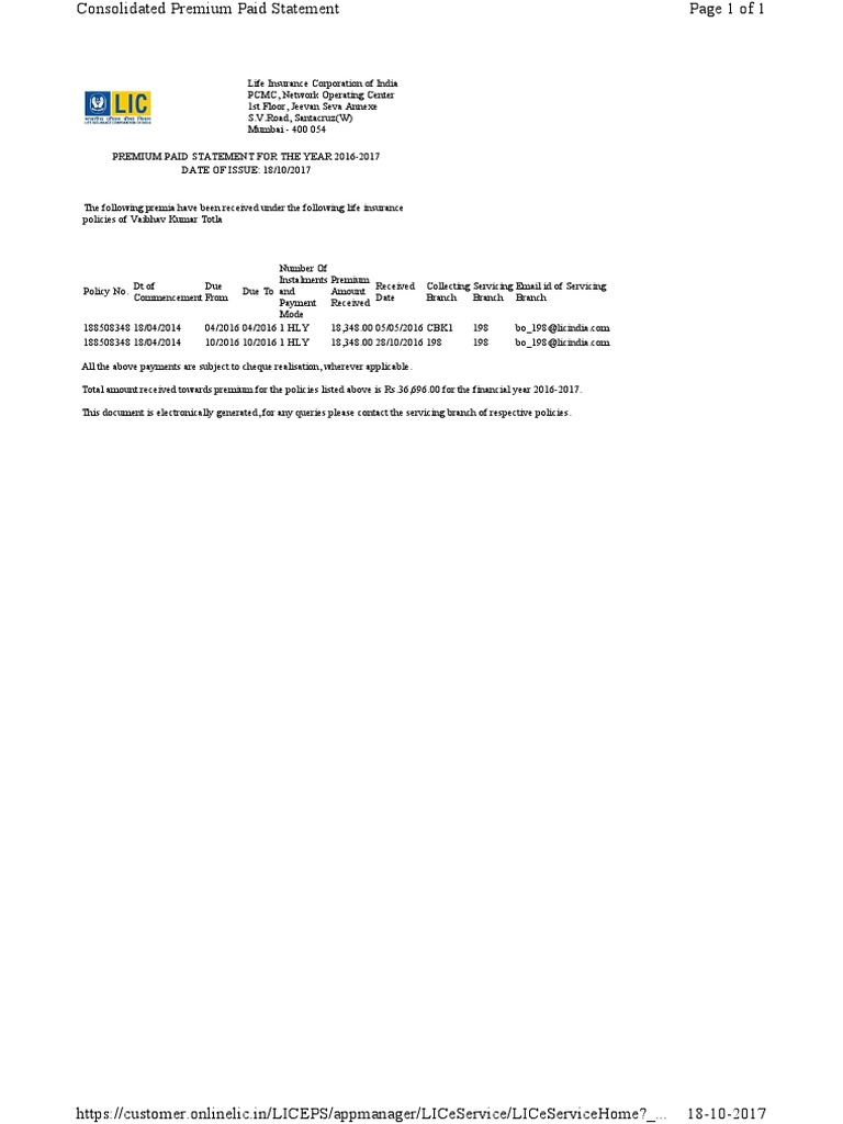 LIC Payment Receipt 16-17 | PDF