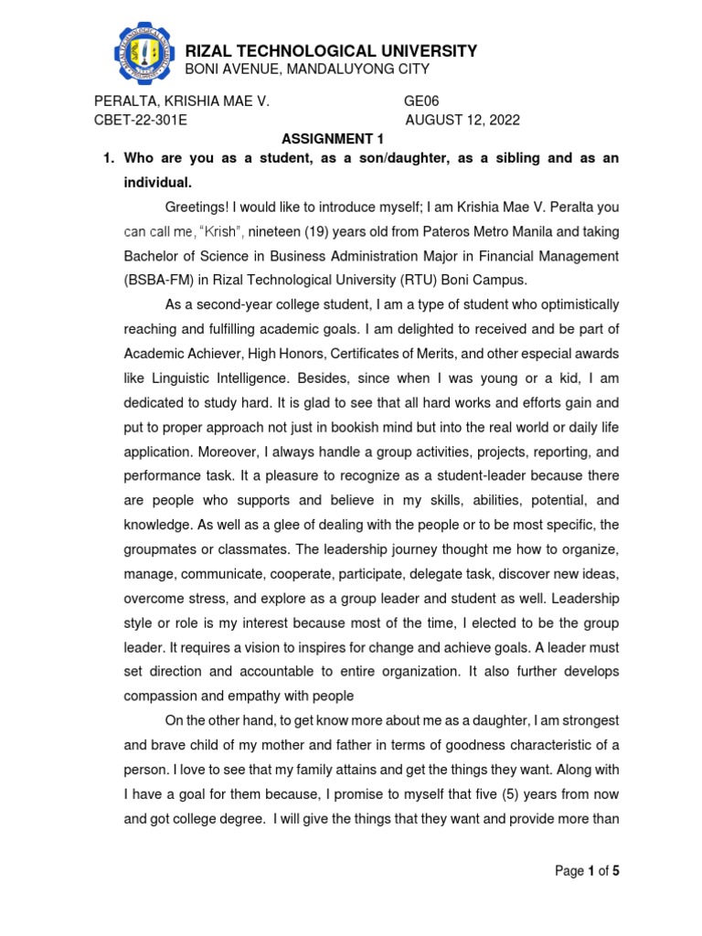 Peralta Cbet-22-301e Assignment 1 Ge06 | PDF | Happiness | Hope