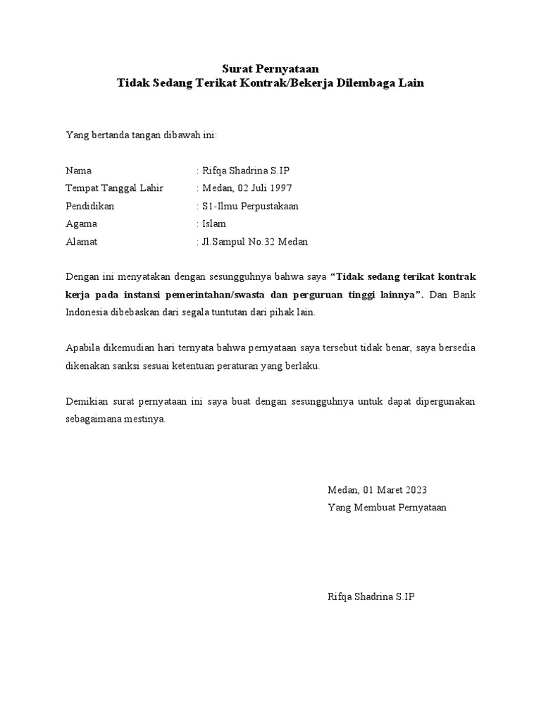 Surat Pernyataan BI | PDF