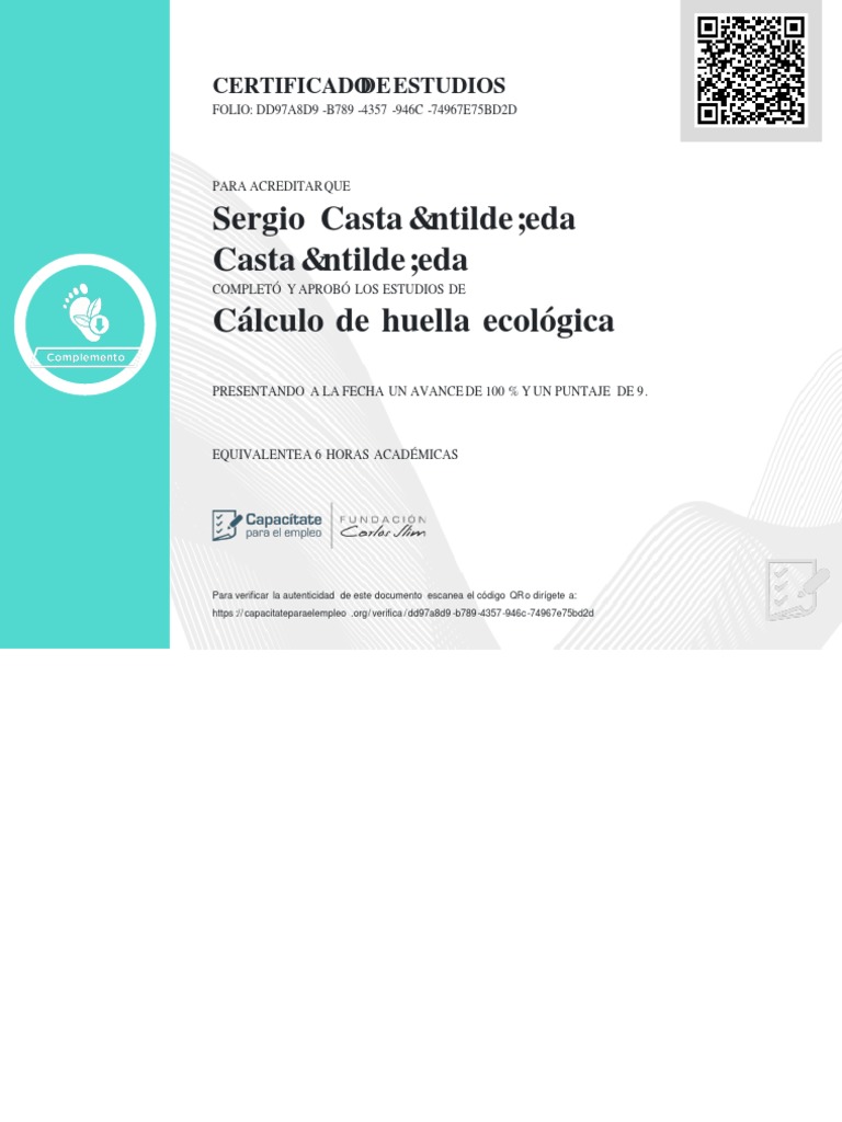 Huella Ecologica Certificado Castañeda Sergio | PDF